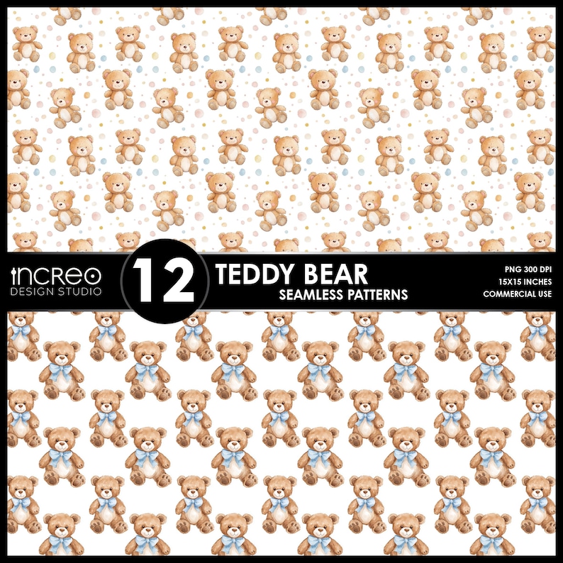 Teddy Bear Seamless Pattern Bundle: Watercolor Nursery Decor (digital ...