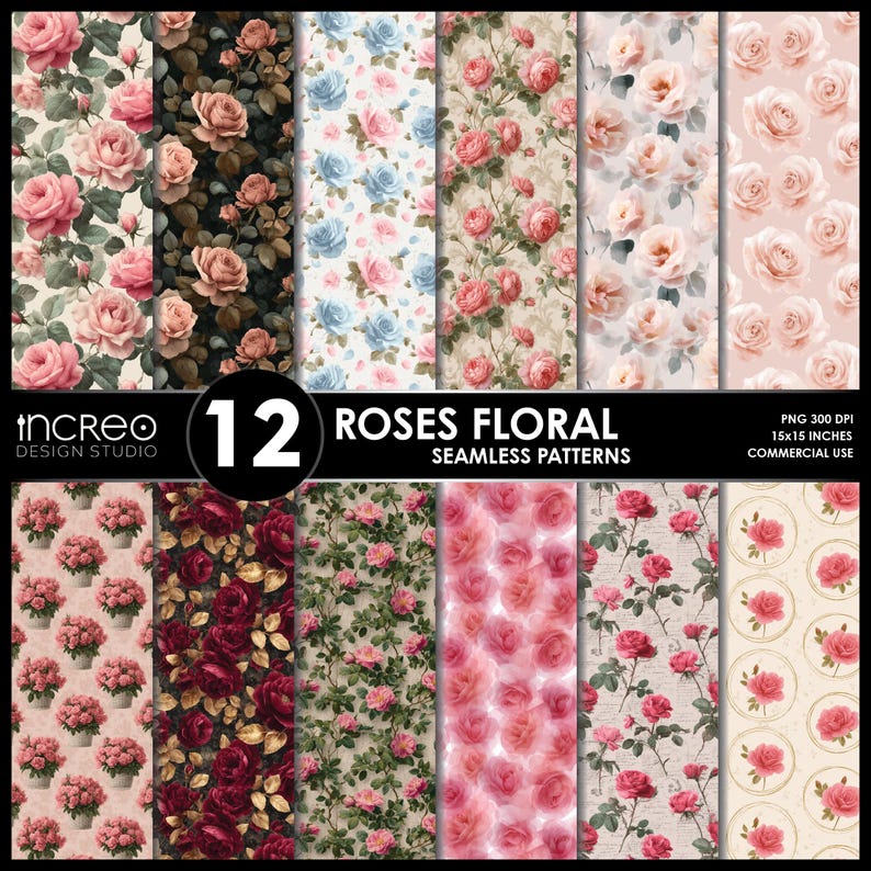 Rose Seamless Patterns, 12 Vintage Floral Digital Paper, Rose Wallpaper ...