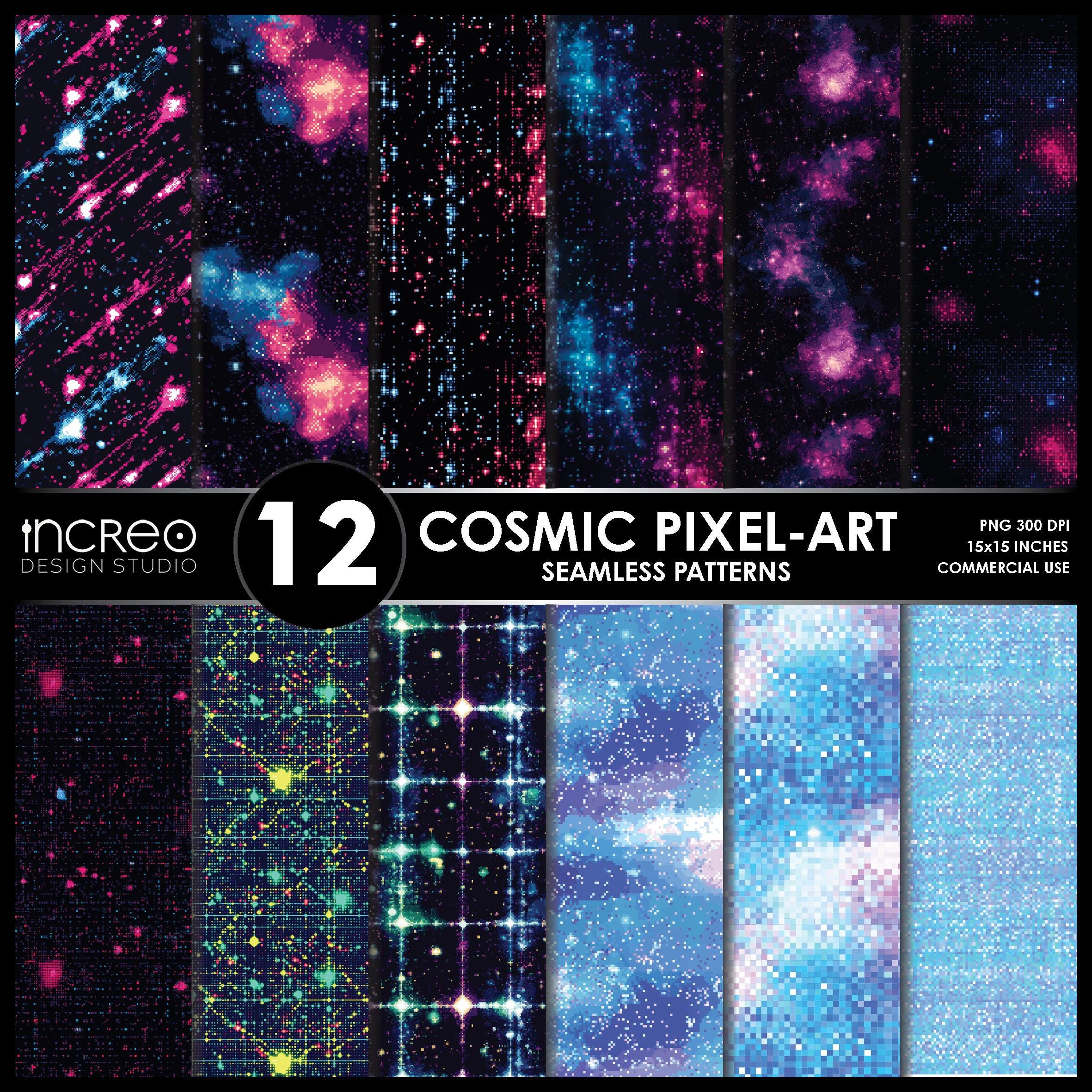 Cosmic Pixel-art Seamless Patterns Bundle – 12 Retro Synthwave ...