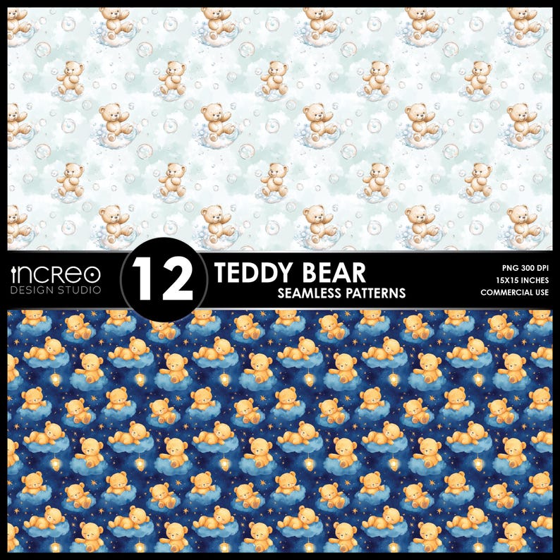 Teddy Bear Seamless Pattern Bundle: Watercolor Nursery Decor (digital ...