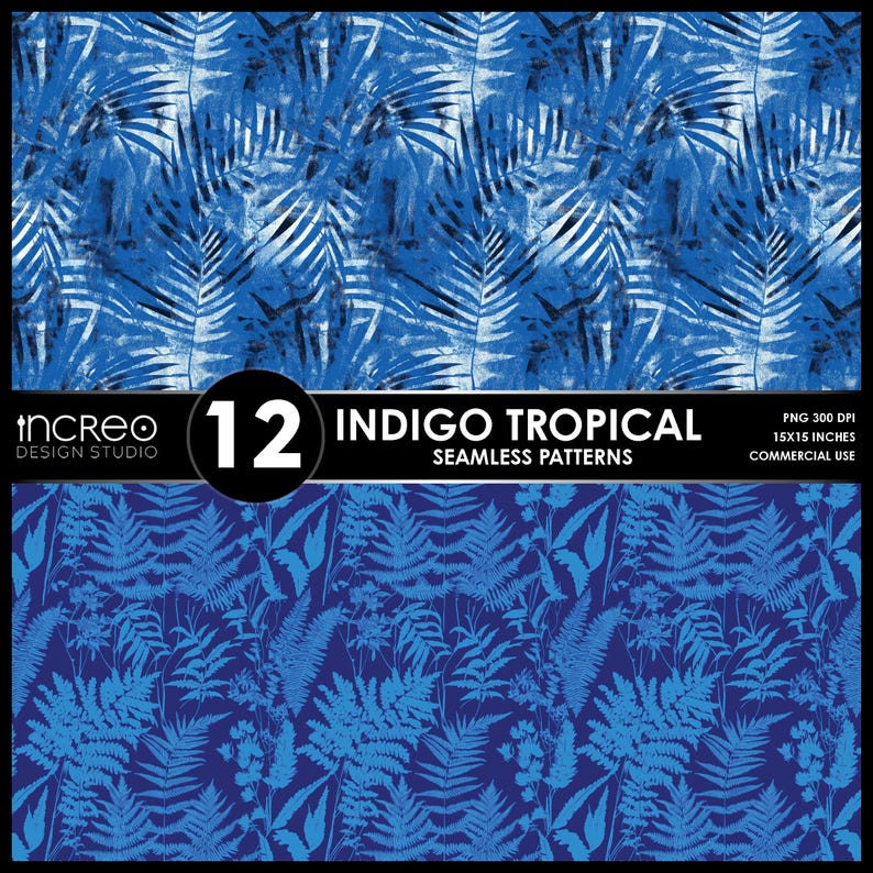 Indigo Tropical Seamless Patterns: Watercolor Floral Digital Paper ...
