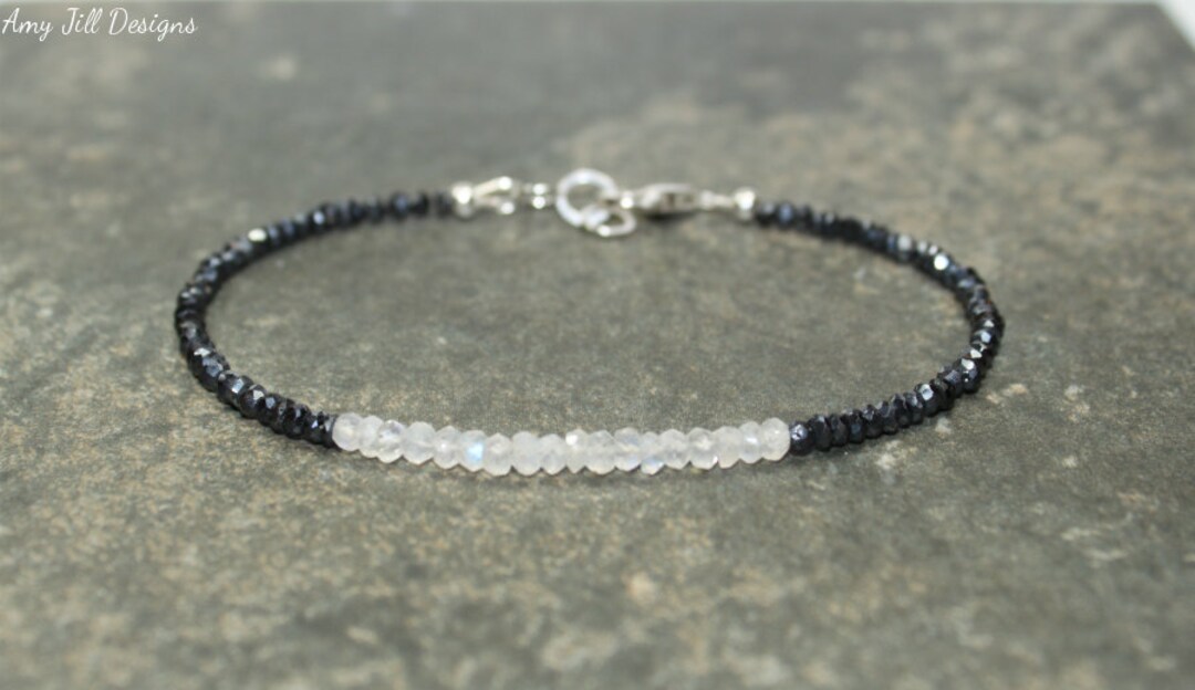 Mystic Black Spinel & Rainbow Moonstone Bracelet, Layering, Minimalist ...