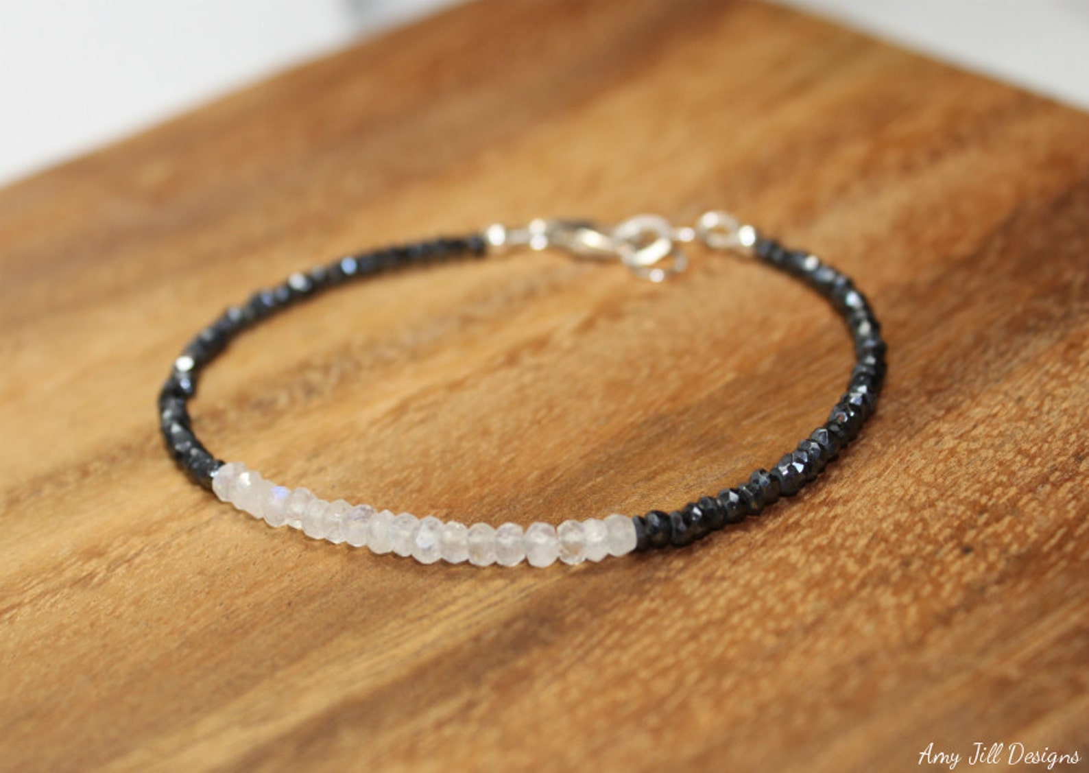 Mystic Black Spinel & Rainbow Moonstone Bracelet, Layering, Minimalist ...