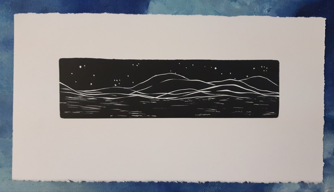 Long Mountain Range Night Sky Hydra the Sea Serpent Linocut - Etsy