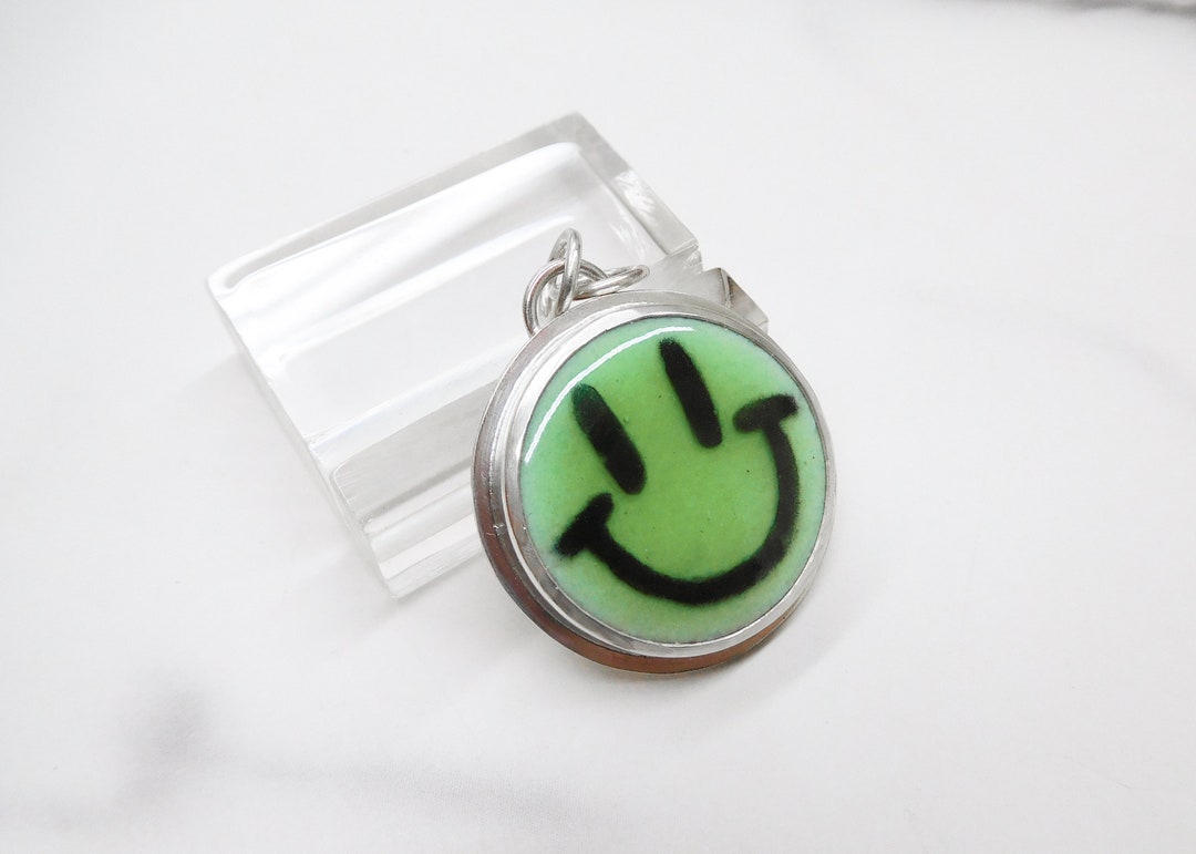 Green Medium SMILE FACE Pendant - STERLING Silver - Glass Enamel ...