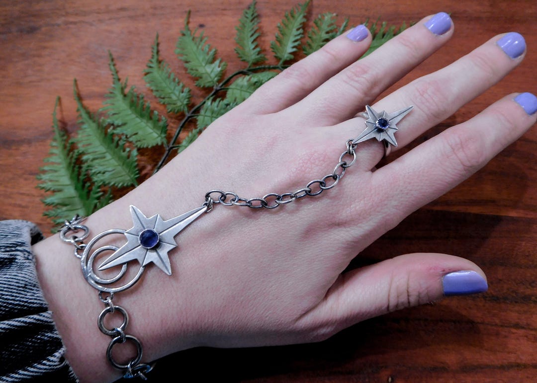 North Star Hand Chain - Iolite and Sterling Silver - Bracelet Ring - Etsy