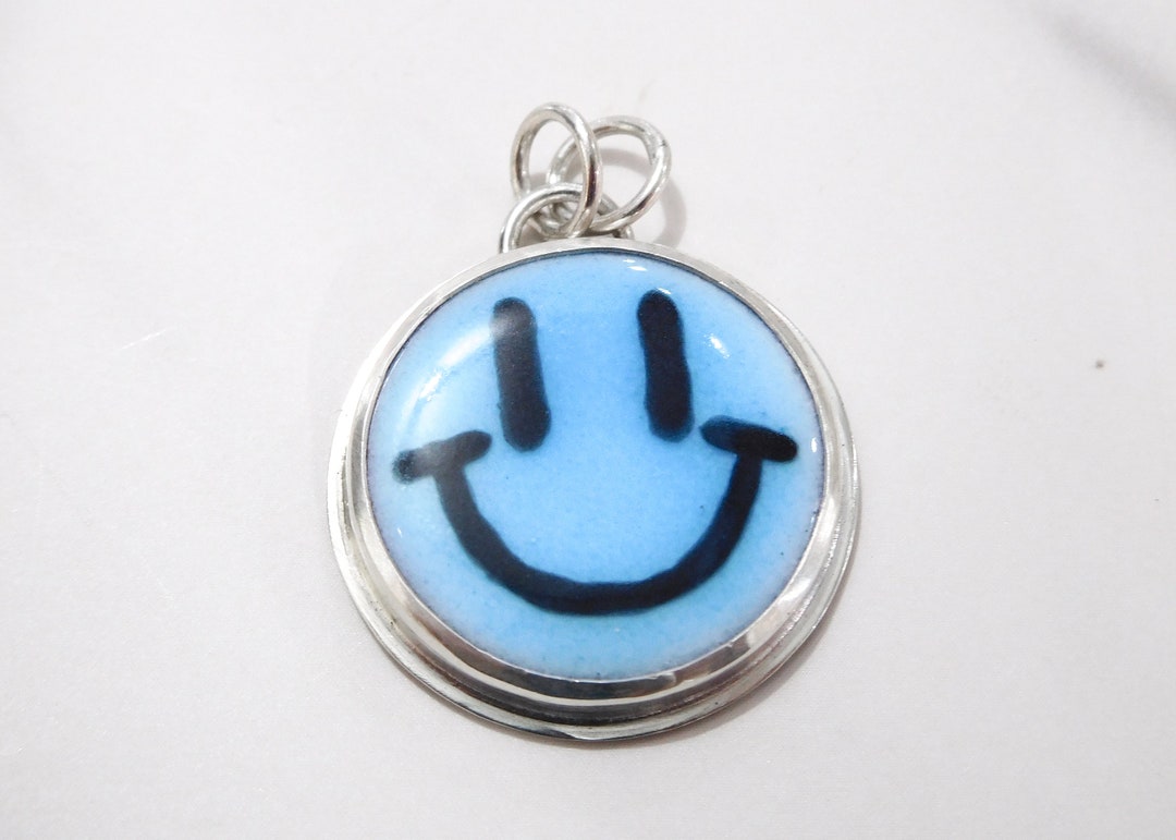 Light Blue Medium SMILE FACE Pendant - STERLING Silver - Glass Enamel ...