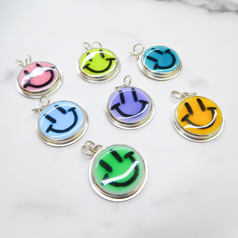 Green Medium SMILE FACE Pendant - STERLING Silver - Glass Enamel ...