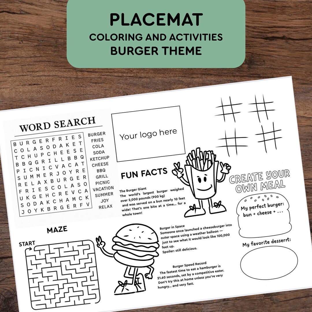Burger Activity Sheet - Printable Kids Menu Placemat | Maze, Word ...