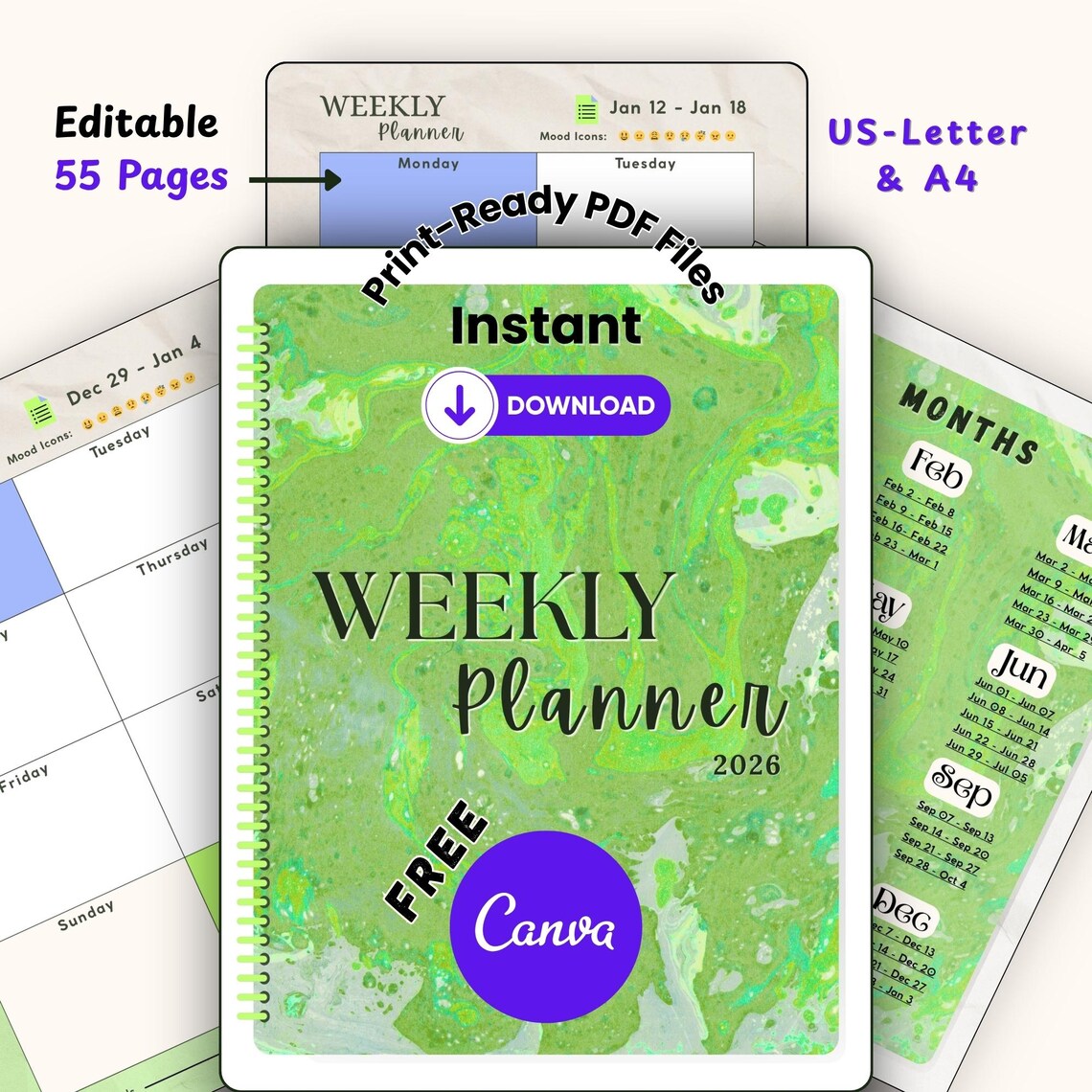 Weekly Printable Planner Insert - A4/US Letter, Fillable PDF (digital ...
