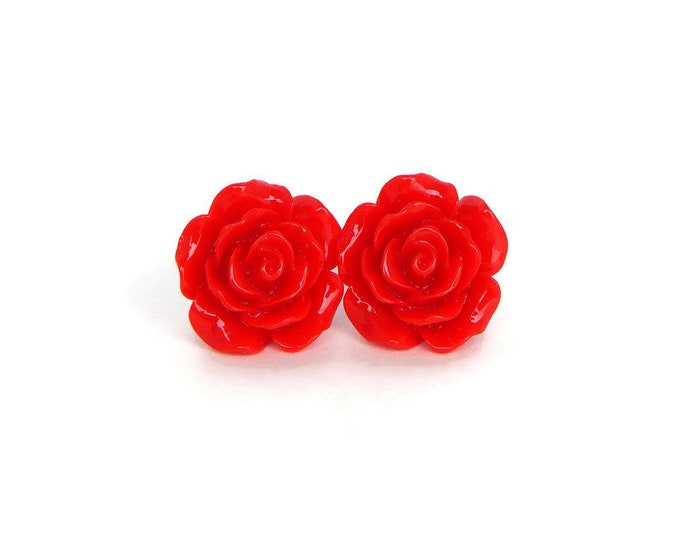 Red Rose Earrings Large Resin Flower Studs Vintage Style - Etsy