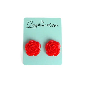 Red Rose Earrings Large Resin Flower Studs Vintage Style | Etsy