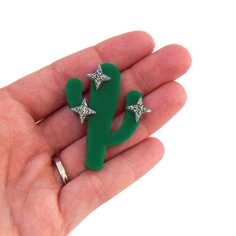 Green Cactus Brooch Green and Rainbow Glitter Acrylic Brooch | Etsy
