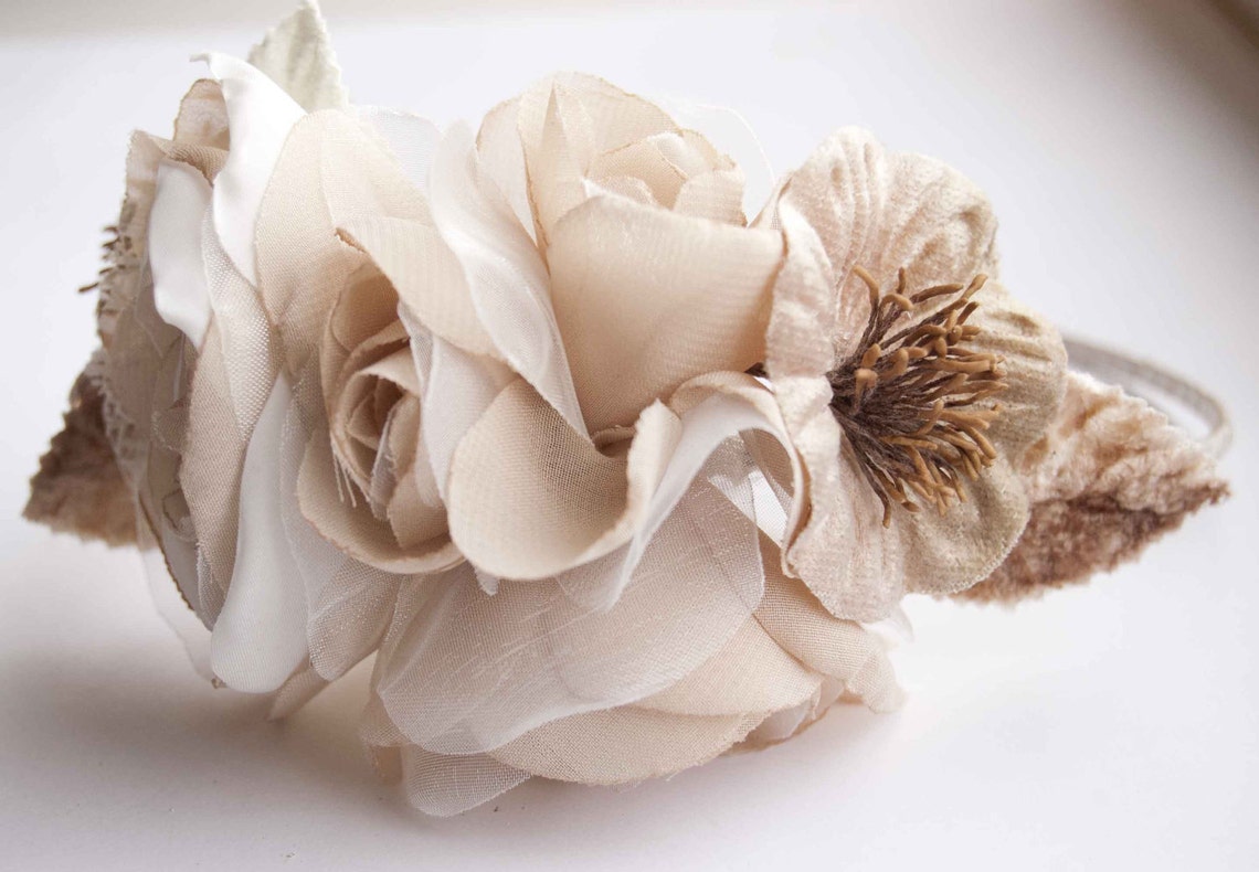 Wedding flower crown Beige flower headpiece Wedding | Etsy