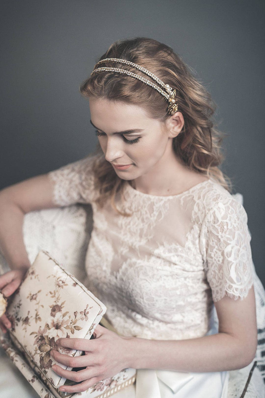 Bridal Double Headband, 1920s Headband, Gold Crystal Headpiece- Edith ...