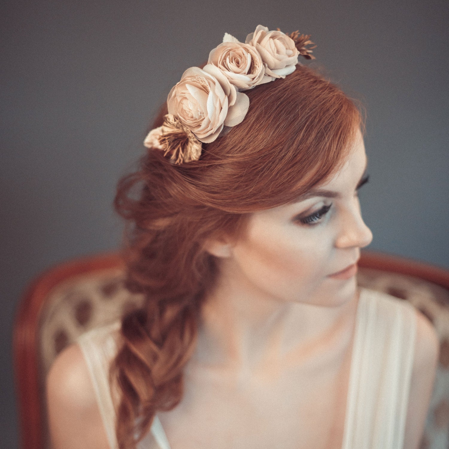 Wedding flower crown Beige flower headpiece Wedding | Etsy