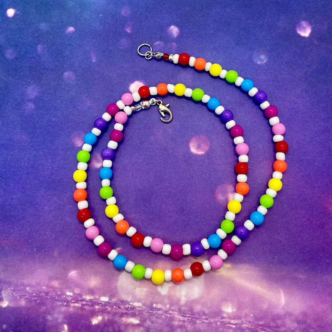 Rainbow Beaded Kandi Necklace With Colourful Charm Beads Kidcore 90’s ...