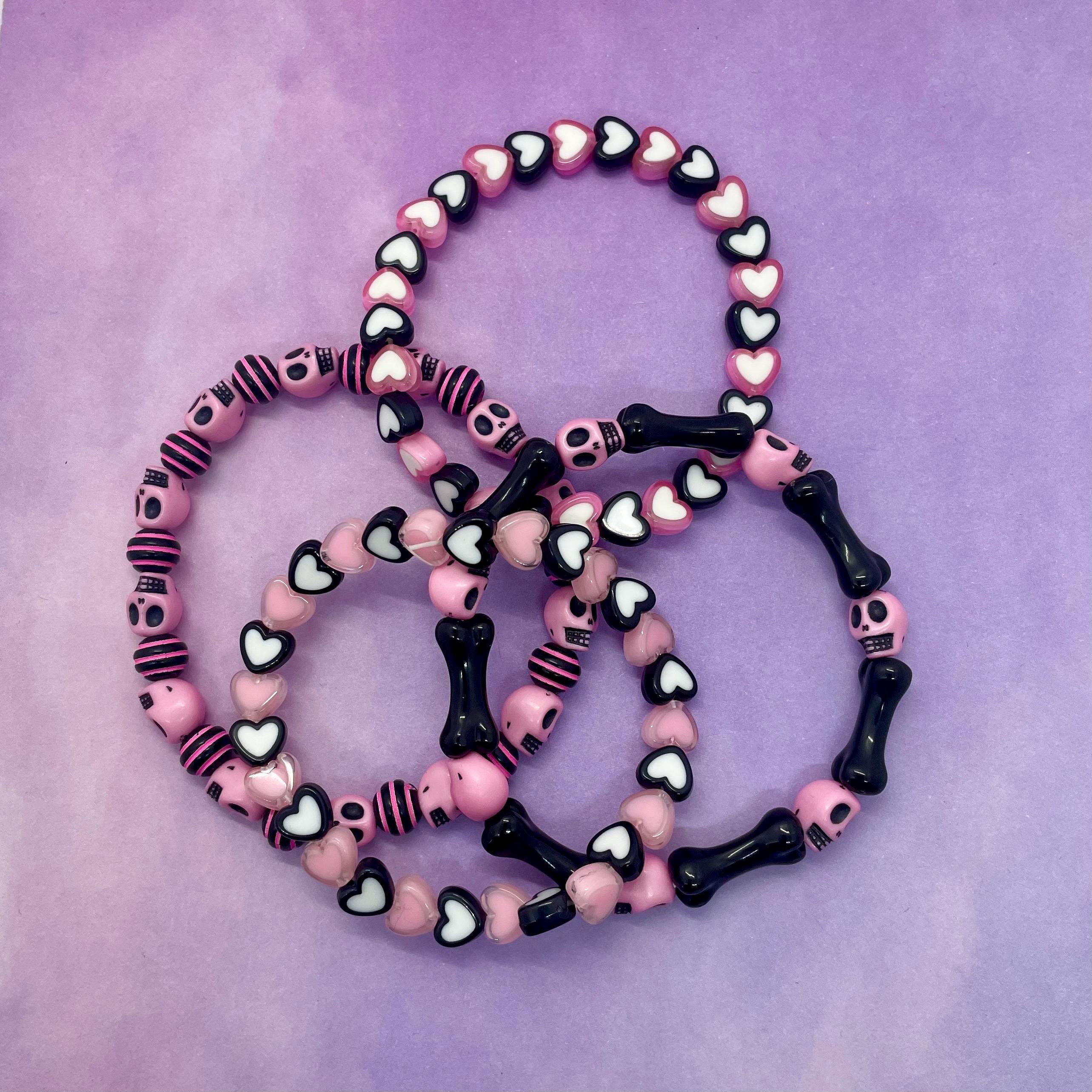 Pink and Black Emo Style Skulls Bones Hearts Bracelets Alternative Punk ...