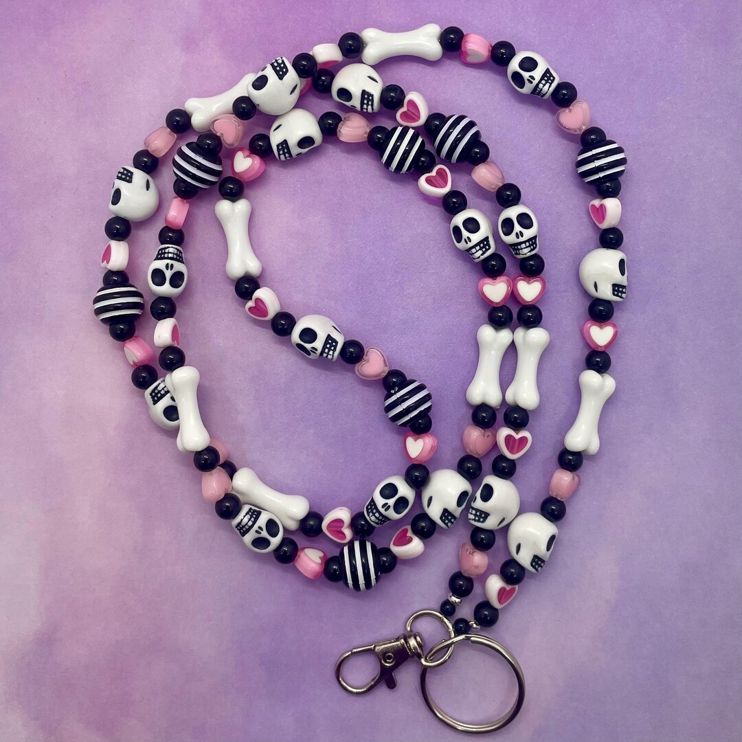 Pink Black and White Skulls and Love Hearts Lanyard ID Badge Holder ...