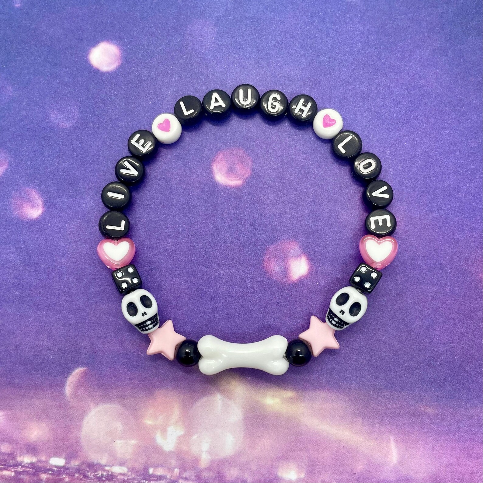 Pink and Black Live Laugh Love Friendship Style Beaded Charm Bracelet ...