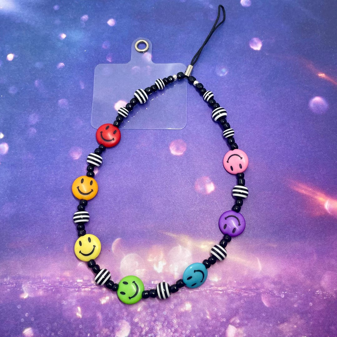Rainbow Smiley Face Phone Charm Wrist Strap Safety Bracelet Rave ...