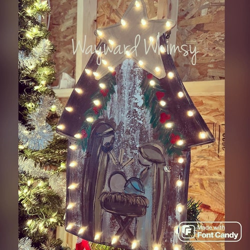 LIGHTED Nativity Wooden Tree Topper - Etsy