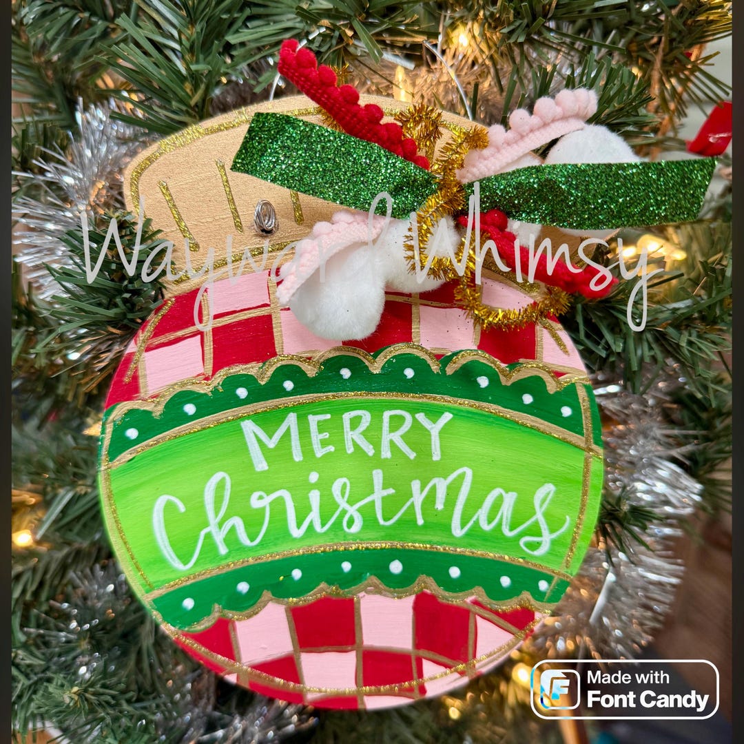 Pink and Red Checkered Pattern Merry Christmas Ornament - Wood- Hand ...