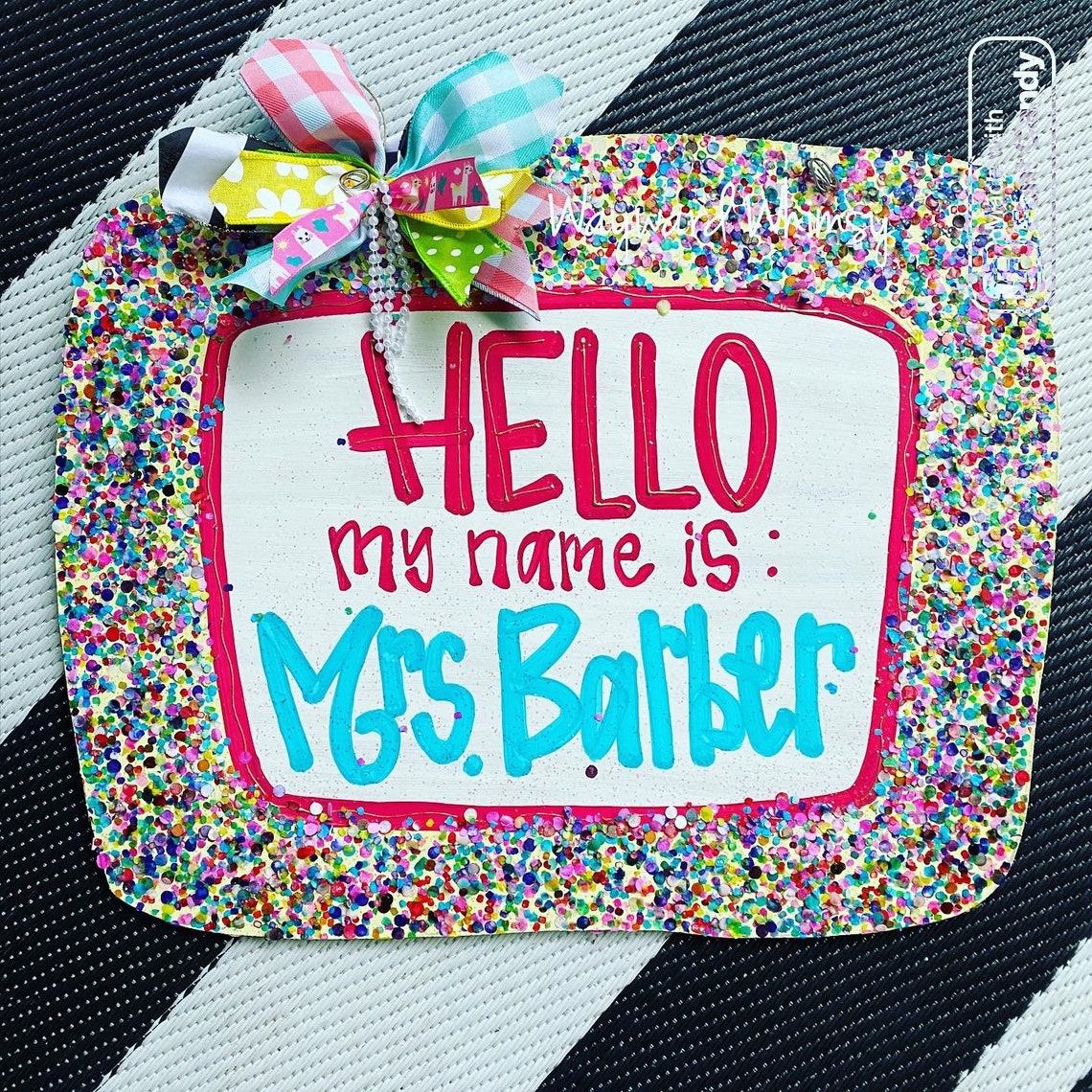 Hello Teacher Name Tag With Confetti Door Hanger Wood Cut Out Door ...
