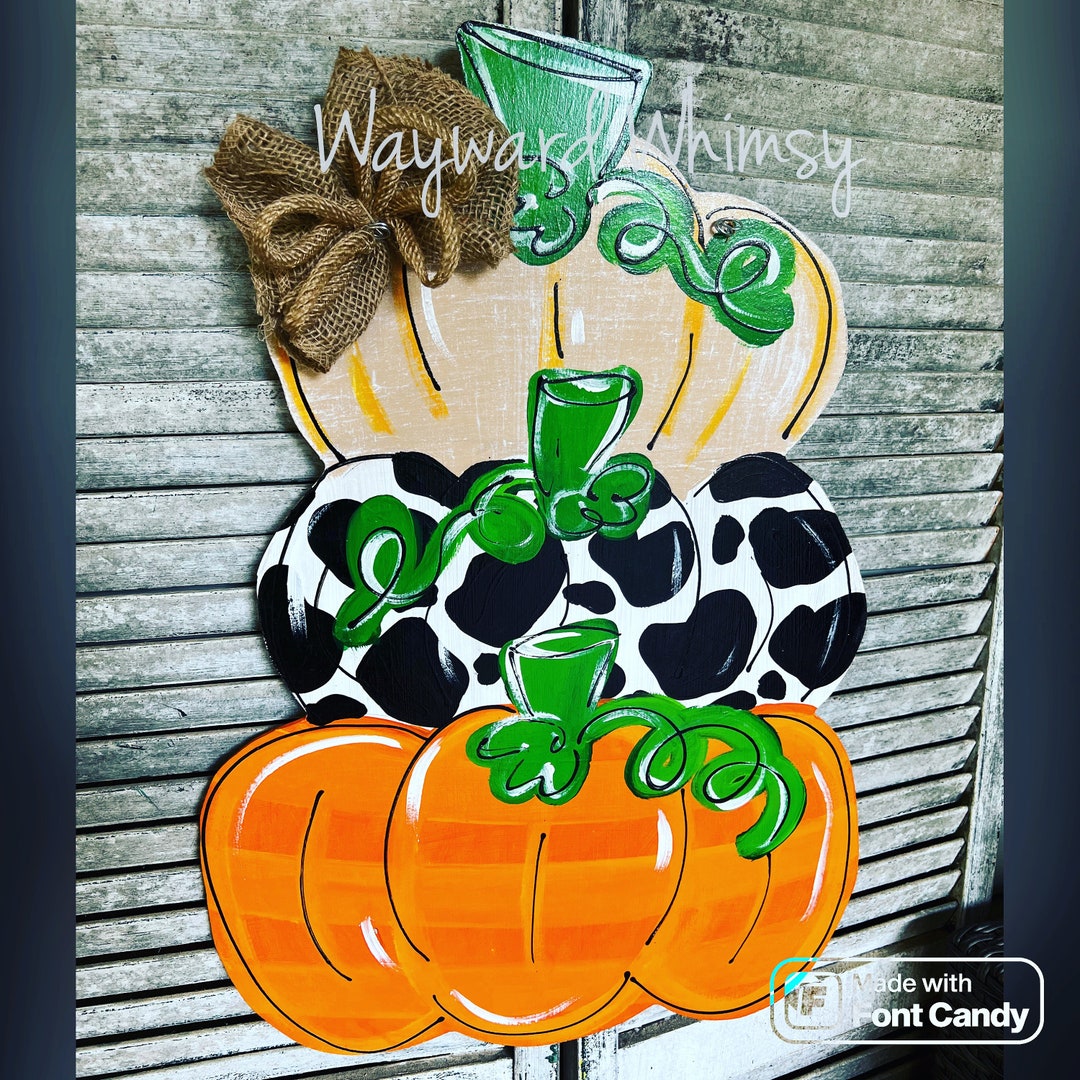 Stacked Pumpkin Sign With Cow Print Wooden Door Hanger - Etsy