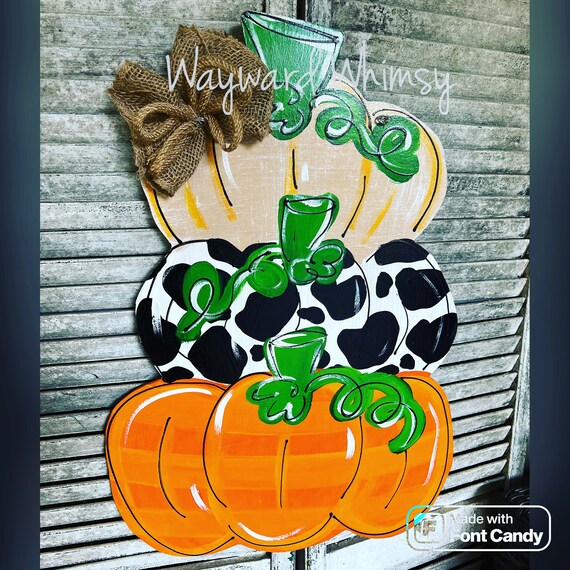 Stacked Pumpkin Sign With Cow Print Wooden Door Hanger - Etsy