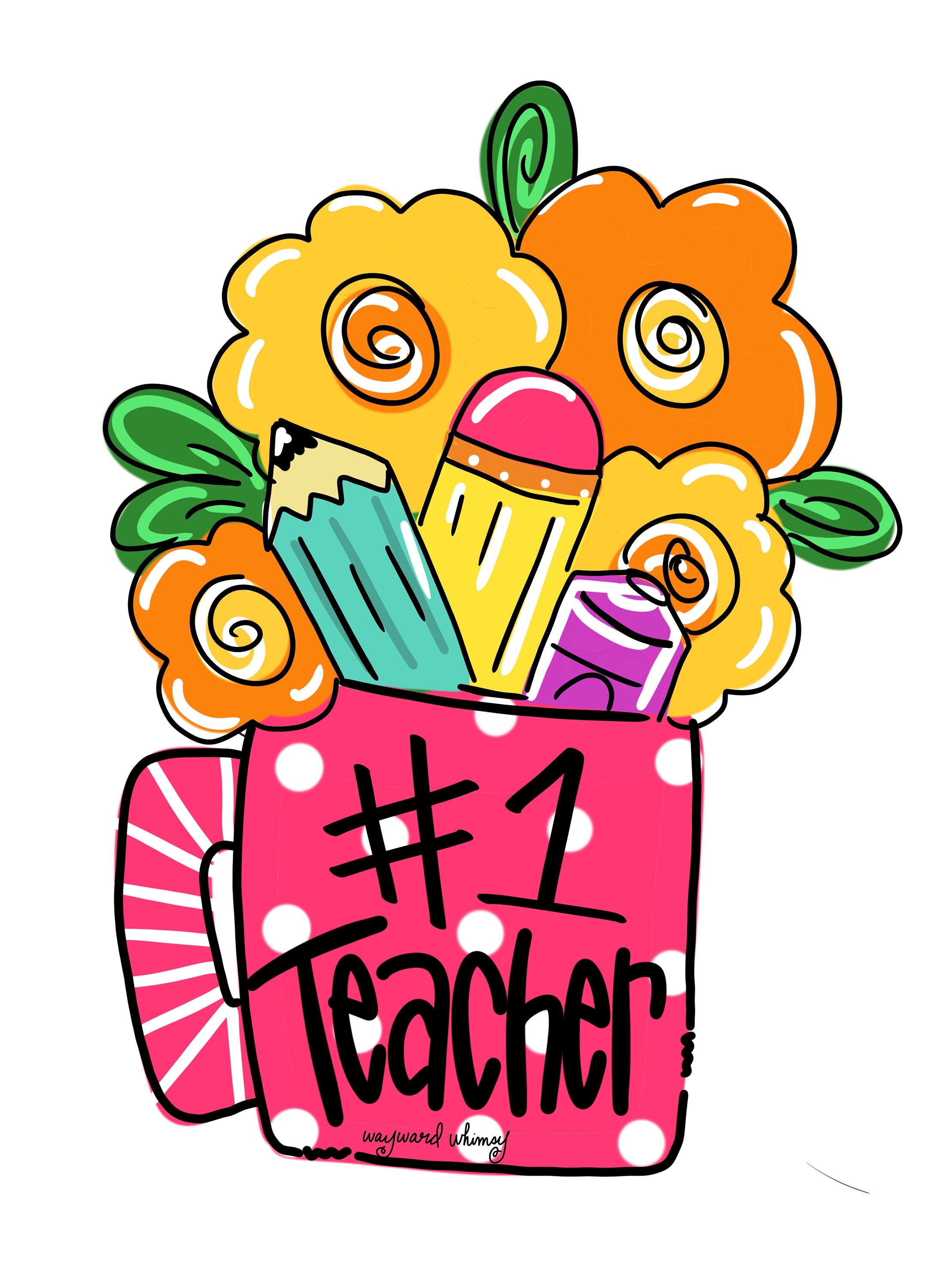 Teacher Mug With Flowers Pencils and Crayon Door Hanger Downloadable ...