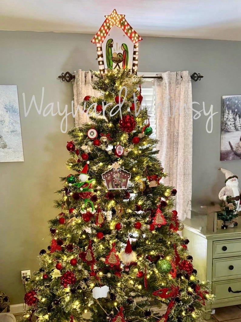 LIGHTED Nativity Wooden Tree Topper - Etsy