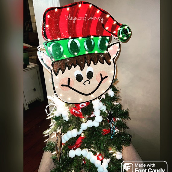 LIGHTED Christmas Elf Wooden Tree Topper | Etsy