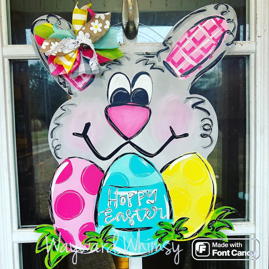 Bunny and Eggs Happy Easter Hopper Easter Wood Cut Out Door Hanger ...