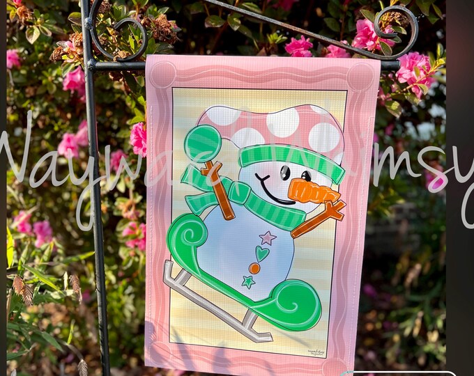 Sledding Snowman Winter Garden Flag- 12x18 Double Sided Printed Vinyl ...