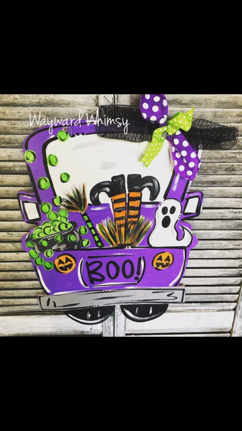 Purple Halloween Truck Fall Pumpkins Door hanger | Etsy