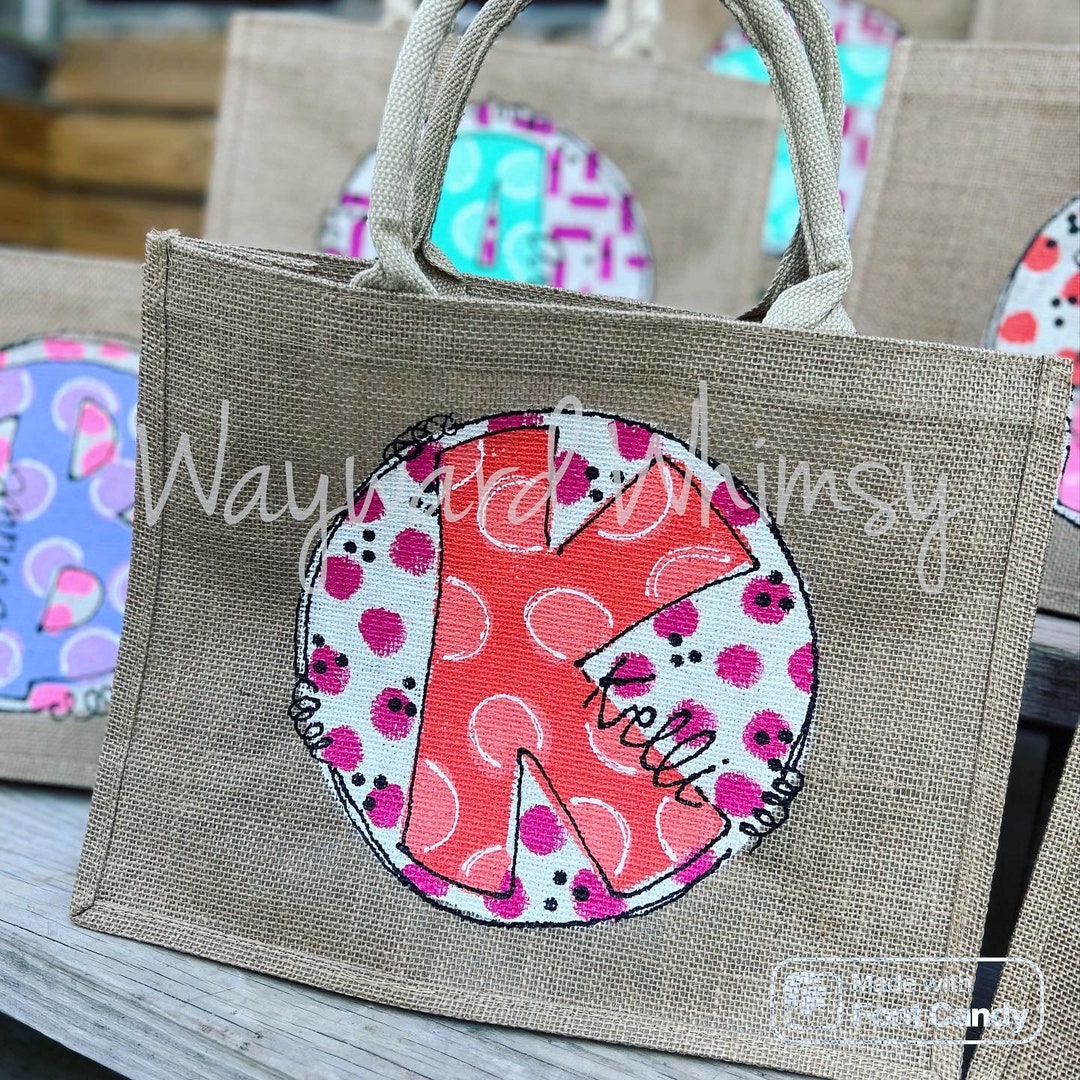 Hand Painted Jute Canvas Tote Bag- Reusable Tote- Purse- Diaper Bag - Etsy