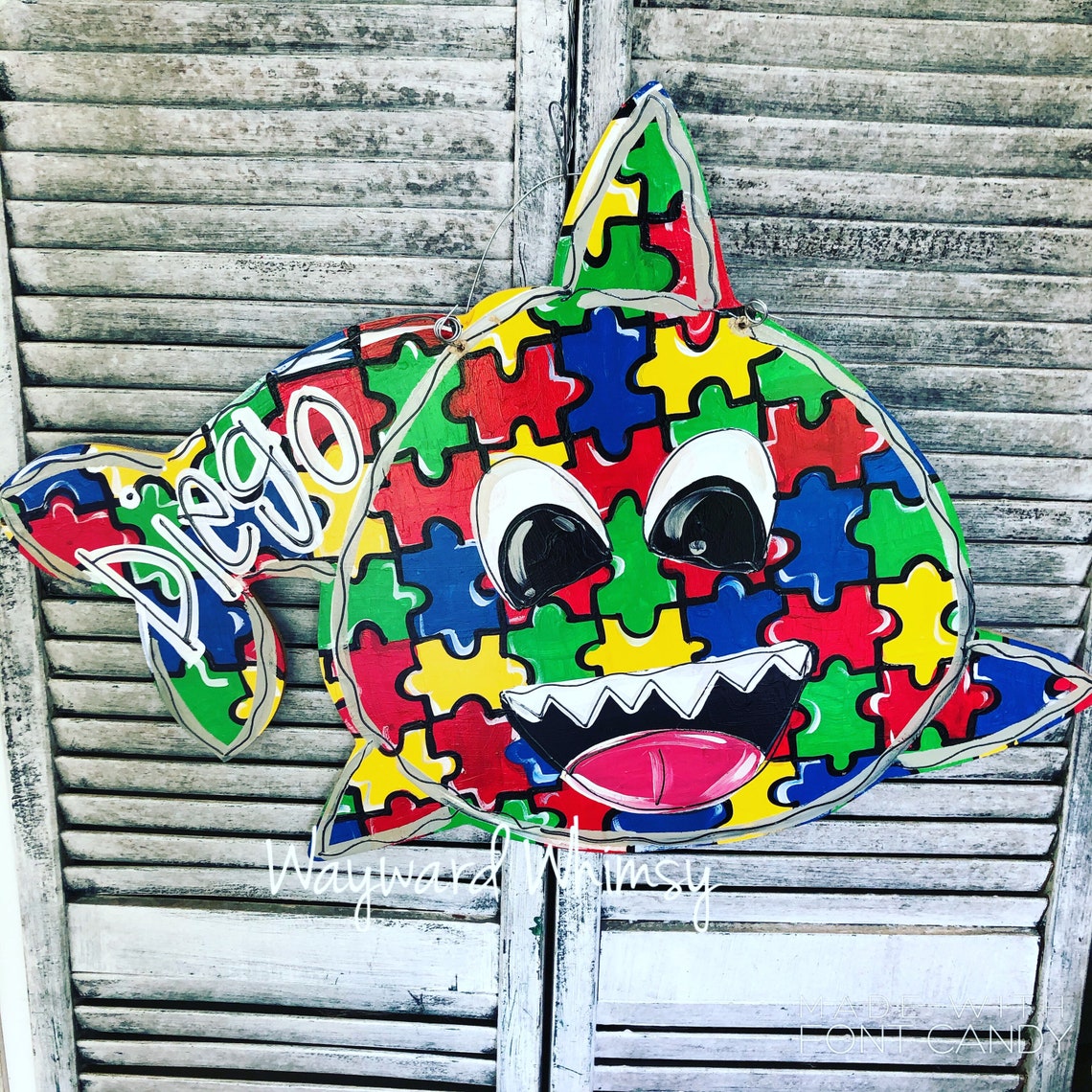 Puzzle Shark autism awareness Wood Cut Out Door Hanger | Etsy