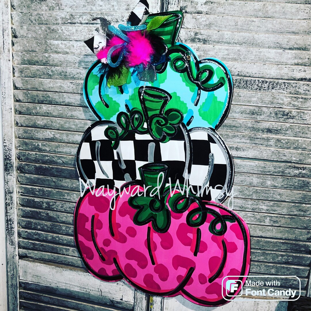 Funky Stacked Pumpkin Sign With Animal Print Wood Cut Out Door Hanger ...