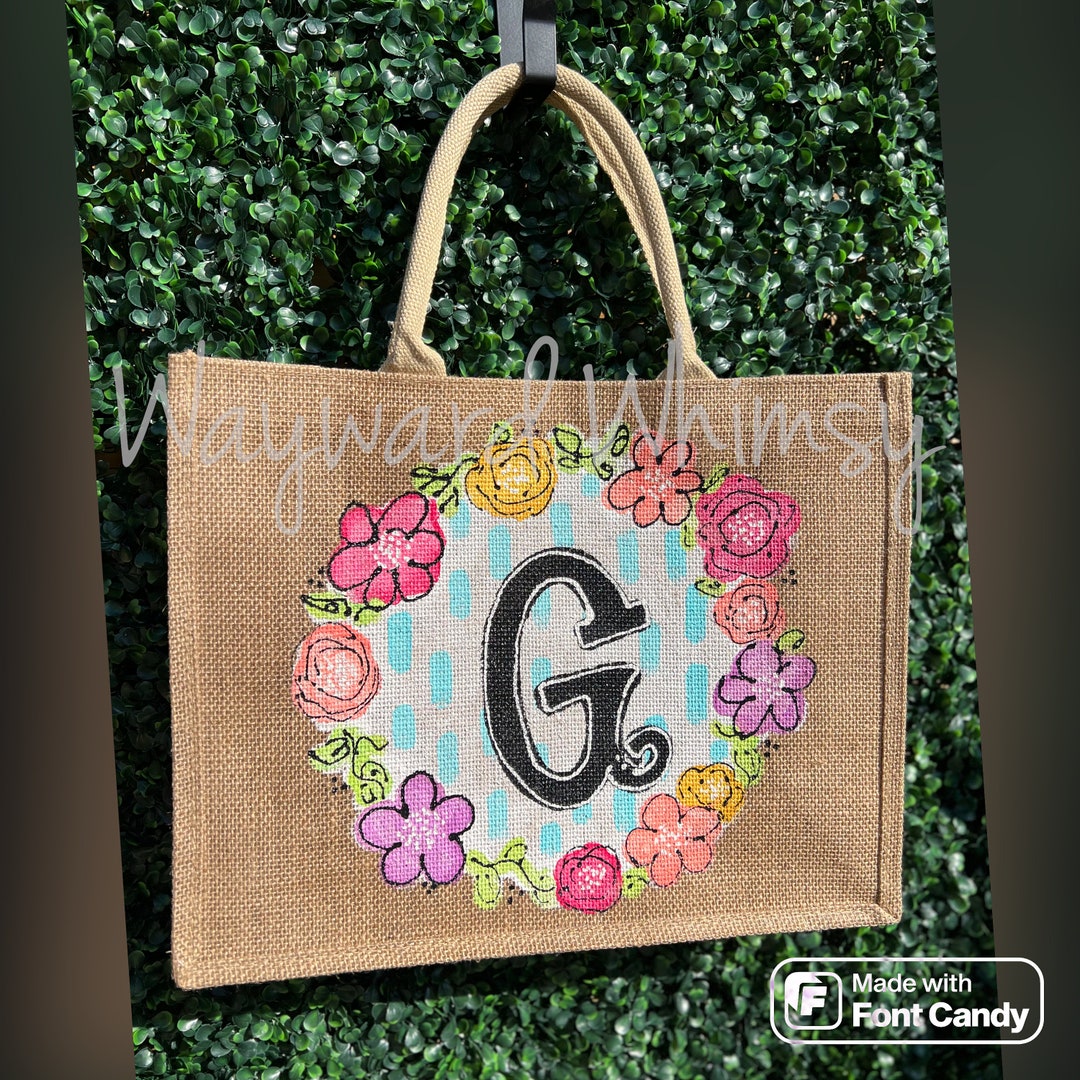 Flower Hand Painted Jute Canvas Tote Bag- Reusable Tote- Purse- Diaper ...