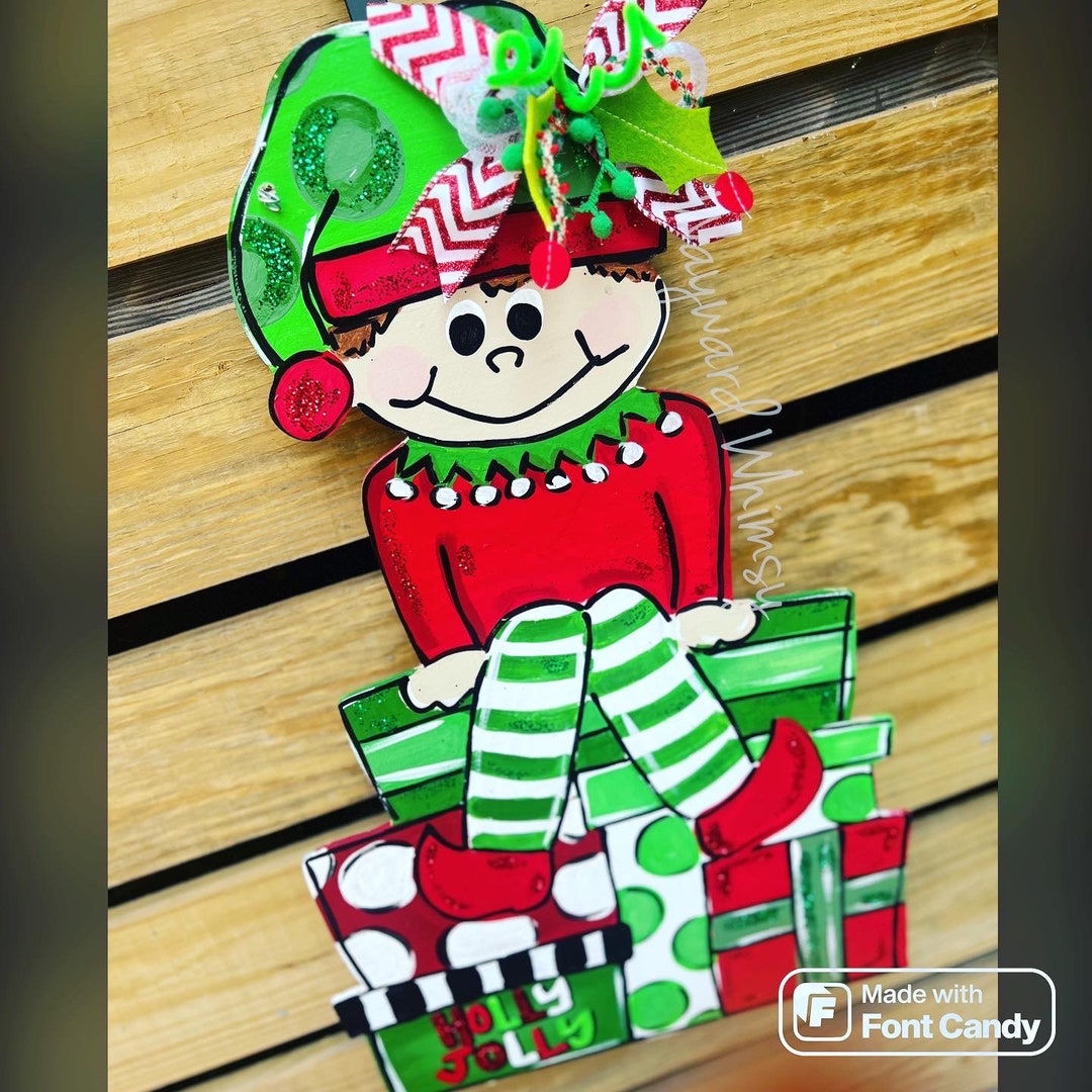 Christmas Character Elf on Stacked Gifts Door Hanger - Etsy
