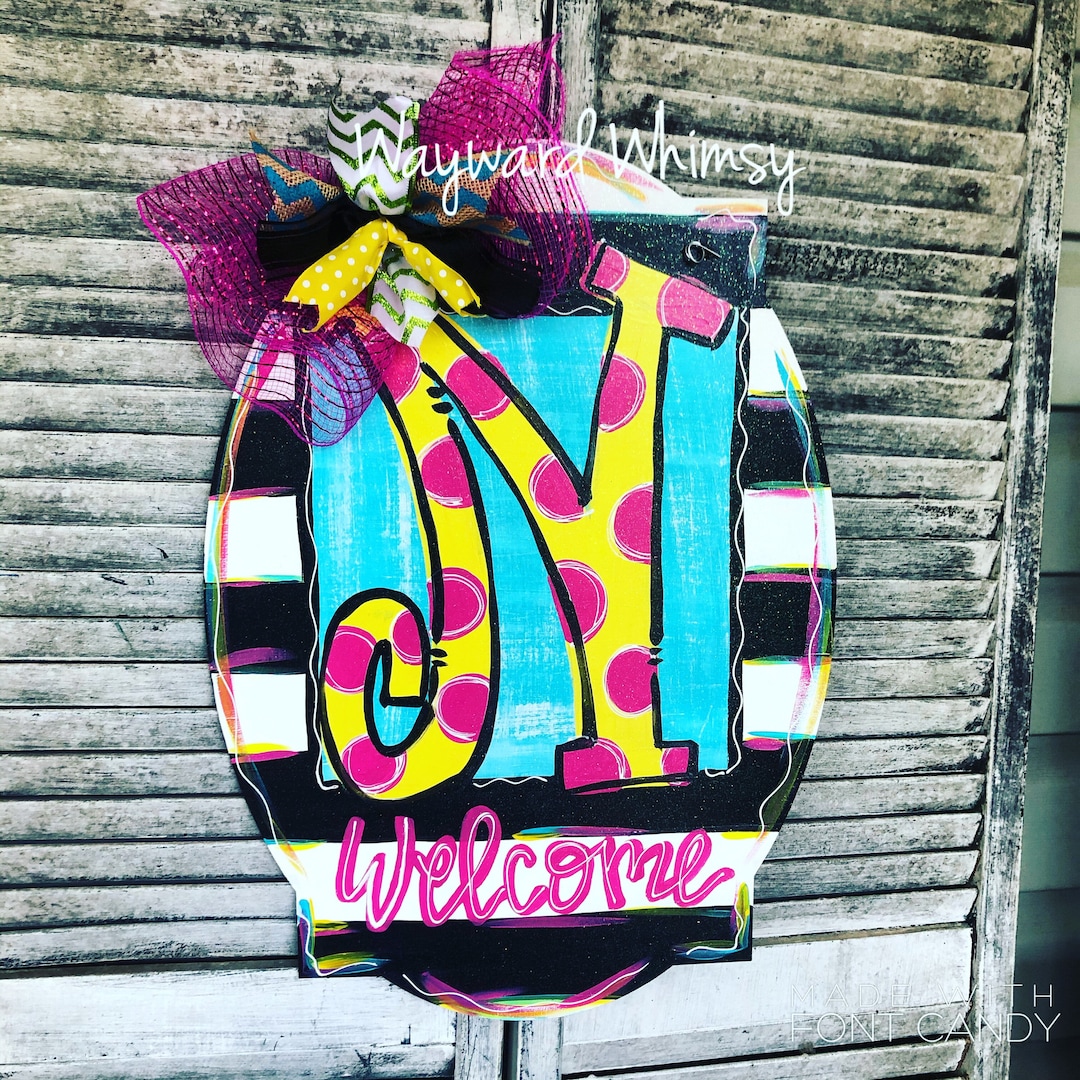 Funky Colors and Stripes With Initial Welcome Sign Wood Cut Out Hanger ...