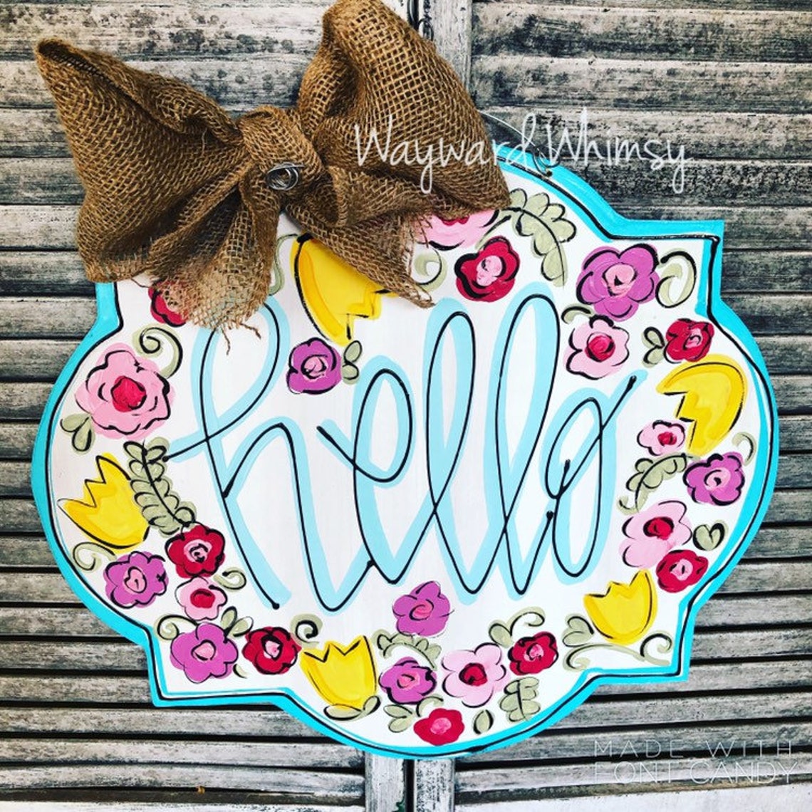 Hello With Flowers Wood Cut Out Door Hanger - Etsy