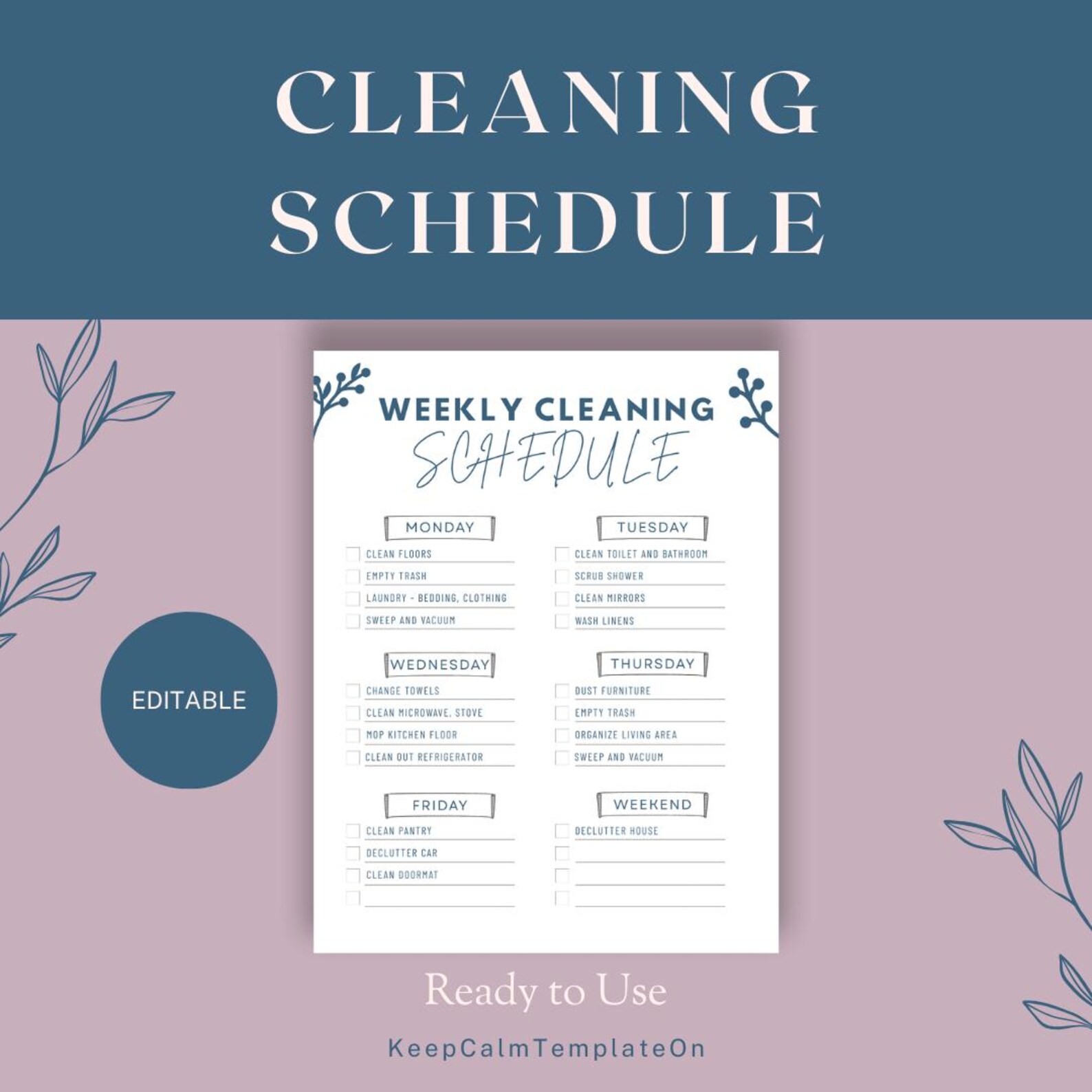 Weekly Cleaning Schedule: Editable Chore Chart (printable PDF) - Etsy