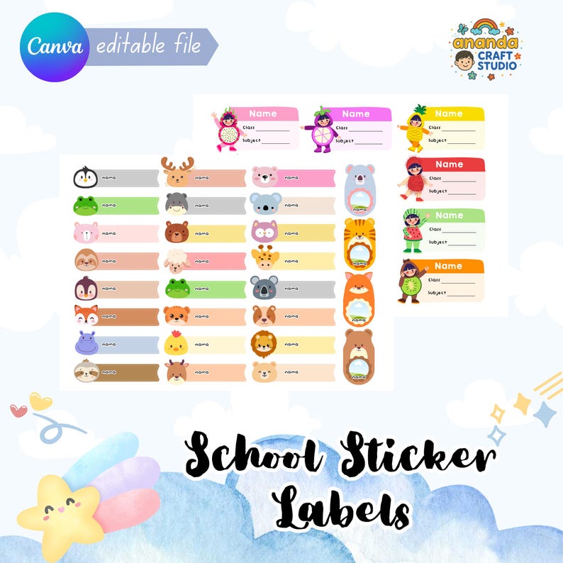 Kids School Name Sticker Labels, Printable Canva Template (digital File ...