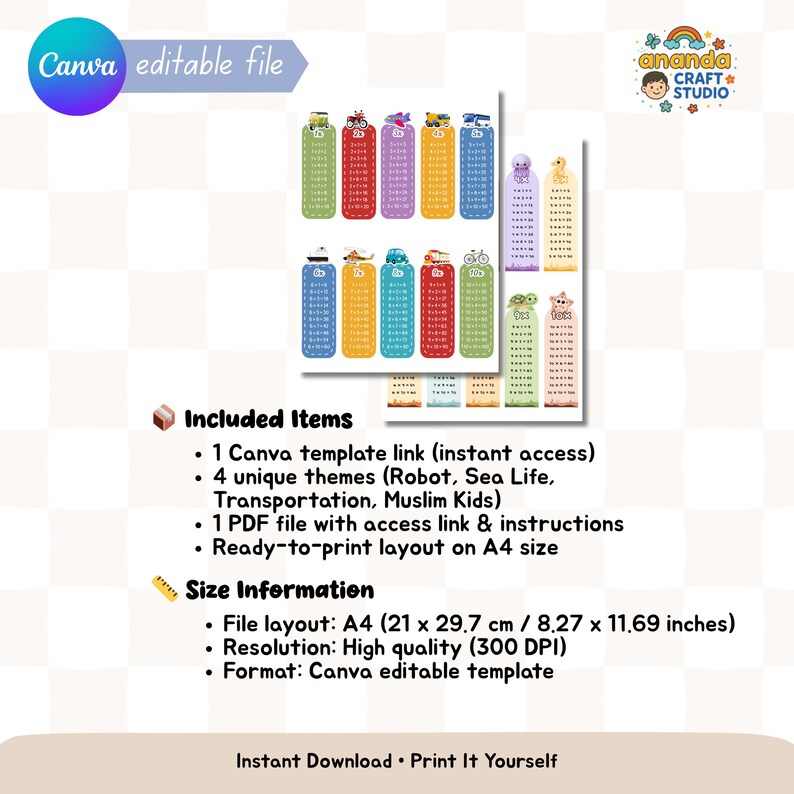 Multiplication Table for Kids, Editable Canva Template, Printable Math ...