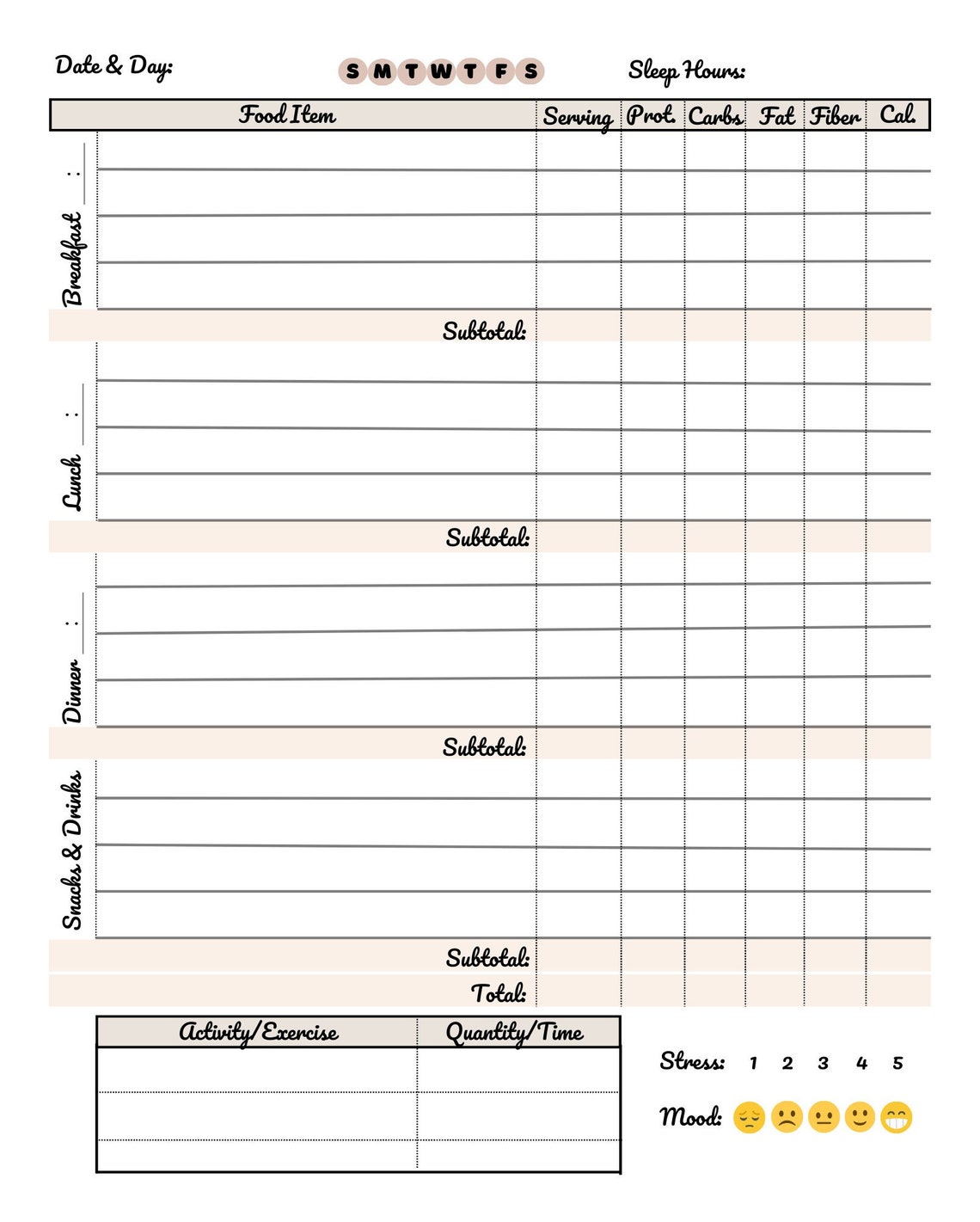 Daily Food Journal Printable, Printable Food Diary, Calorie Tracker - Etsy