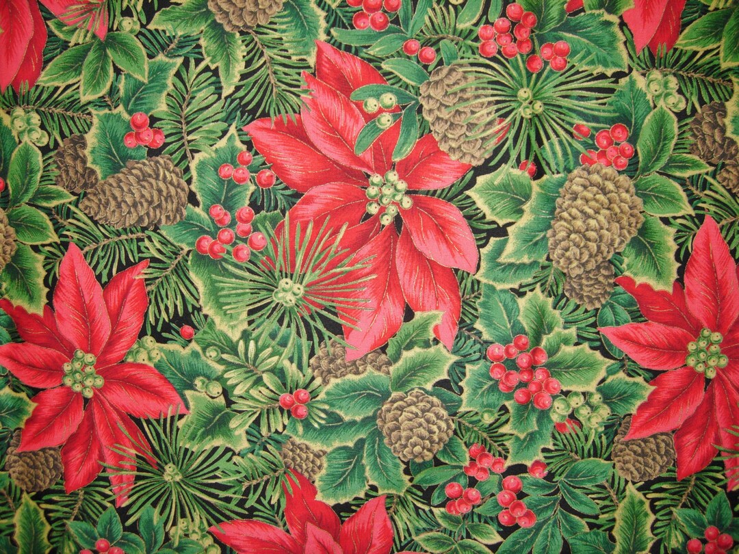 Vintage Christmas Fabric Cotton Poinsettia And Pine Cone - Etsy España