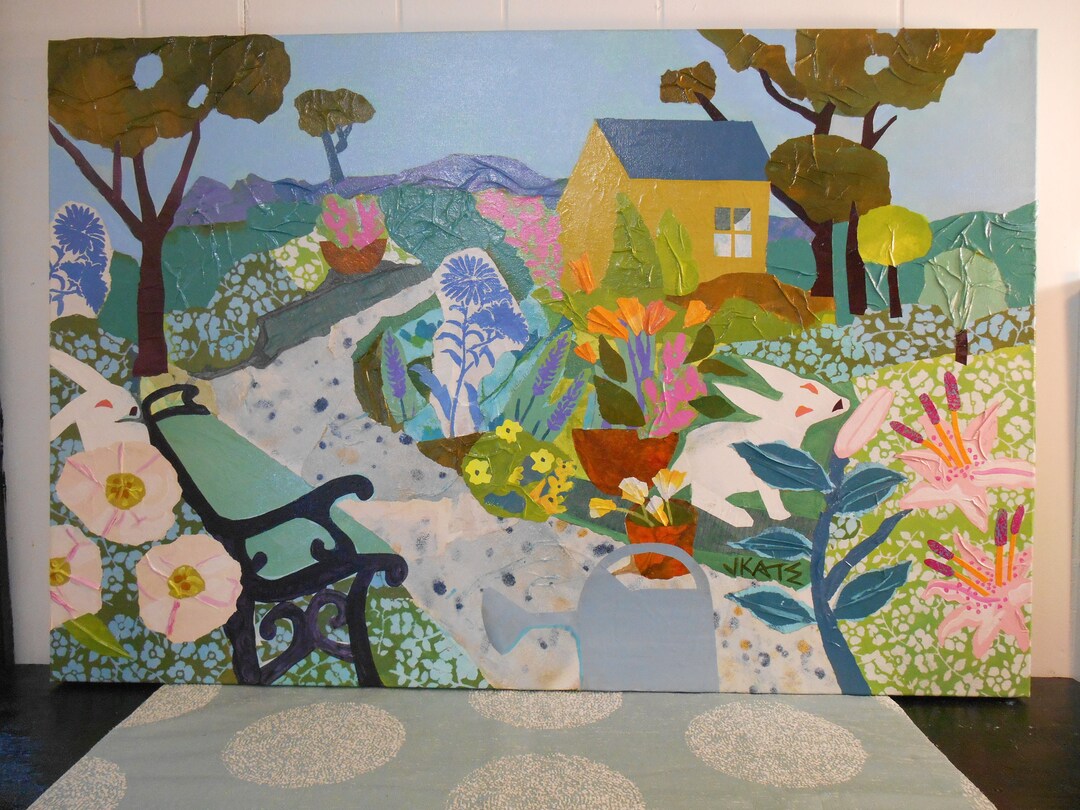 Garden Painting, Original Artwork, Hand Painted Collage Paper, Garden ...