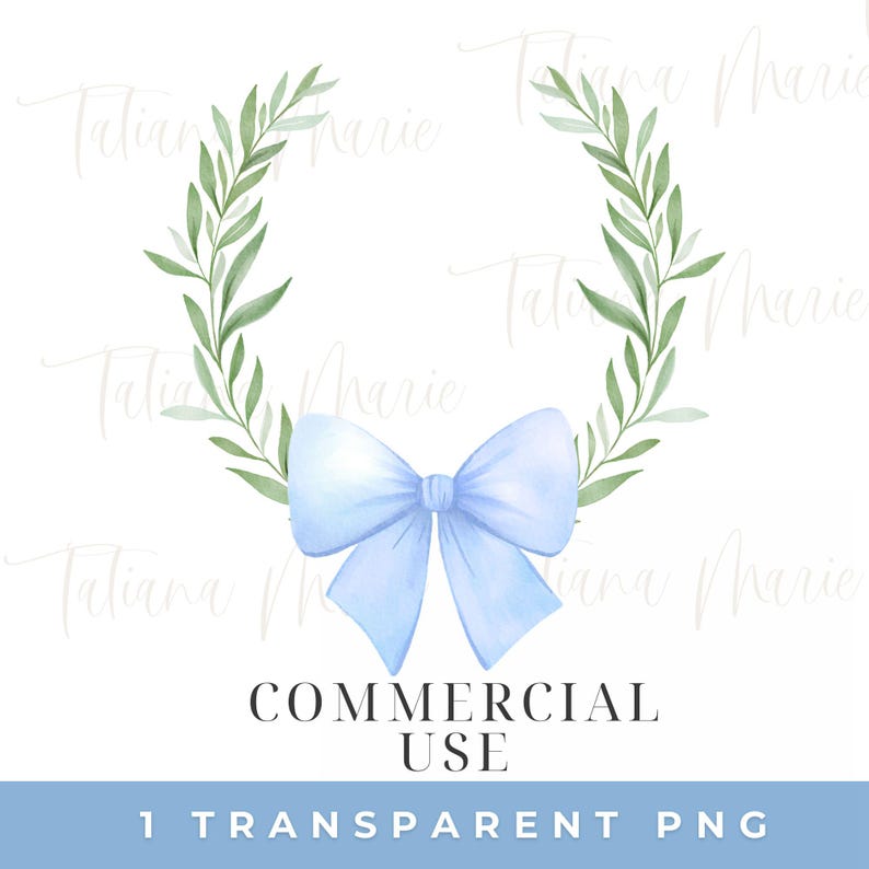 Blue Bow Green Leaf Wreath PNG: Preppy Clipart (commercial Use) - Etsy